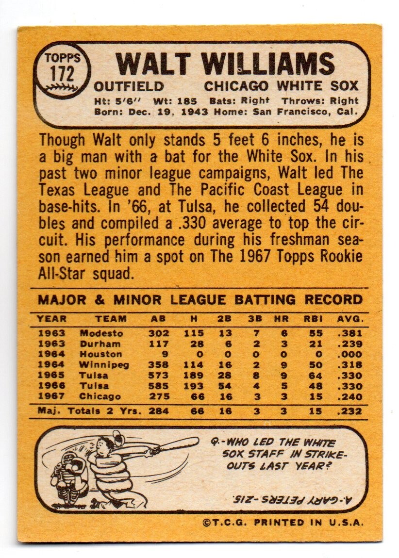 SIGNED Autographed WALT WILLIAMS White Sox 1968 Topps card #172 VINTAGE ...