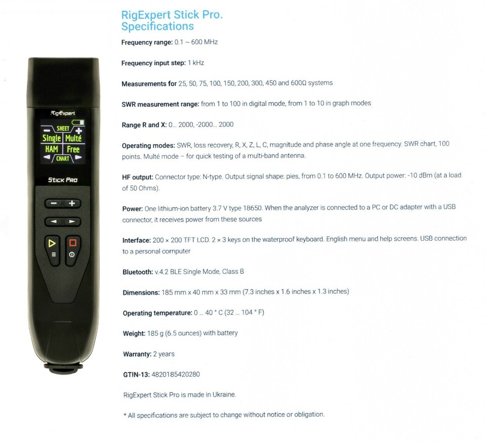 RigExpert Stick Pro Compact Antenna Analyzer .1 to 600 MHz New in Box Guaranteed | eBay