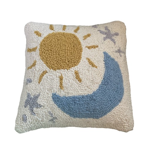 Small Decorative Pillow Wool Hand Hooked Sun Moon Stars 10” x 10” Velvet Back | eBay