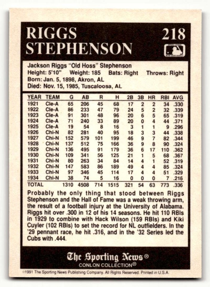 1991 Conlon Collection TSN #218 Riggs Stephenson Chicago Cubs Baseba ID ...