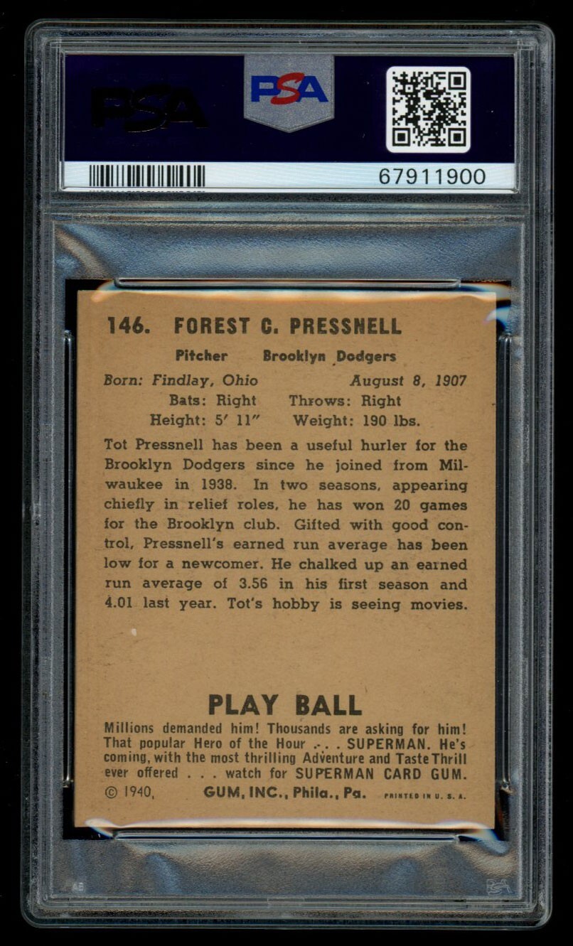 1940 Play Ball #146 Tot Pressnell PSA 7 NM Brooklyn Dodgers | eBay