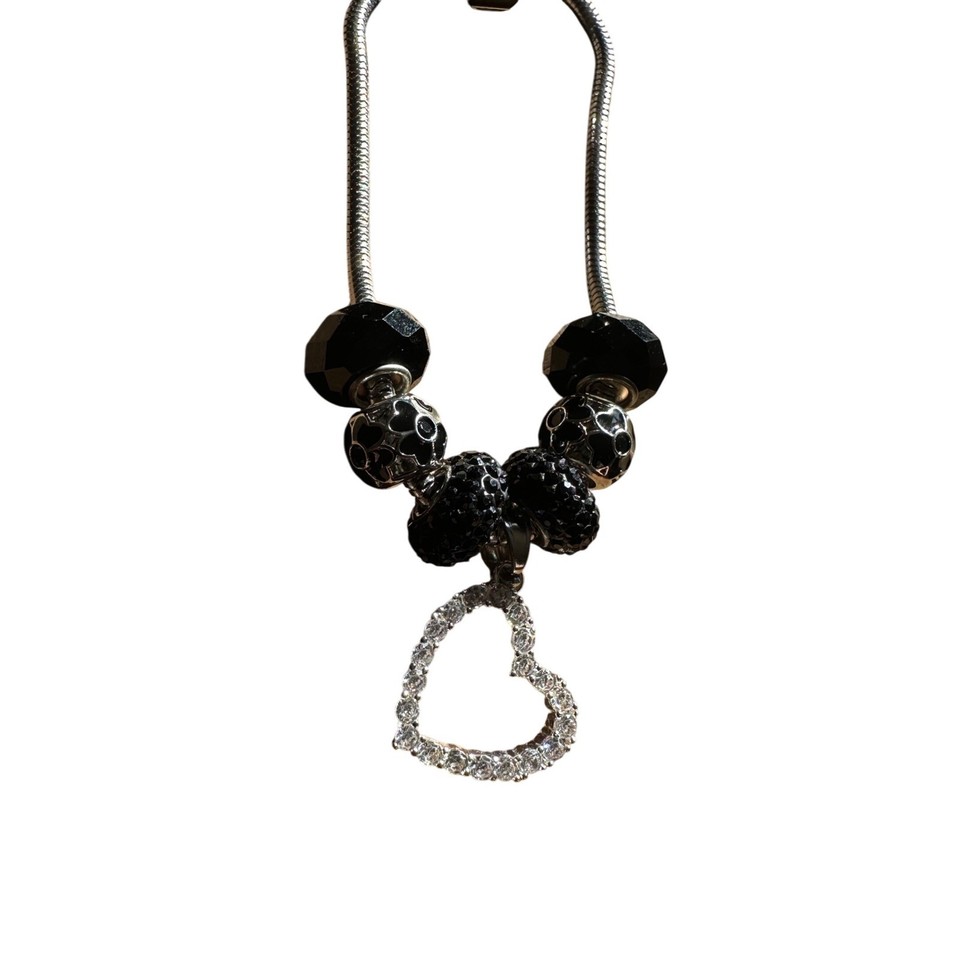 Sparkling Heart Charm Bracelet Black Beads Silver Tone Magnetic Clasp ...