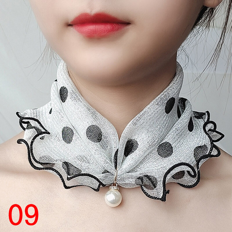 Women Pearl Pendant Chiffon Scarves Organza Neck Collar Scarf Ruffle ...