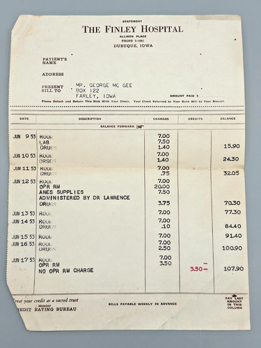 Vintage 1953 Finley Hospital Dubuque Iowa Bill 9 days w/ Surgery | eBay
