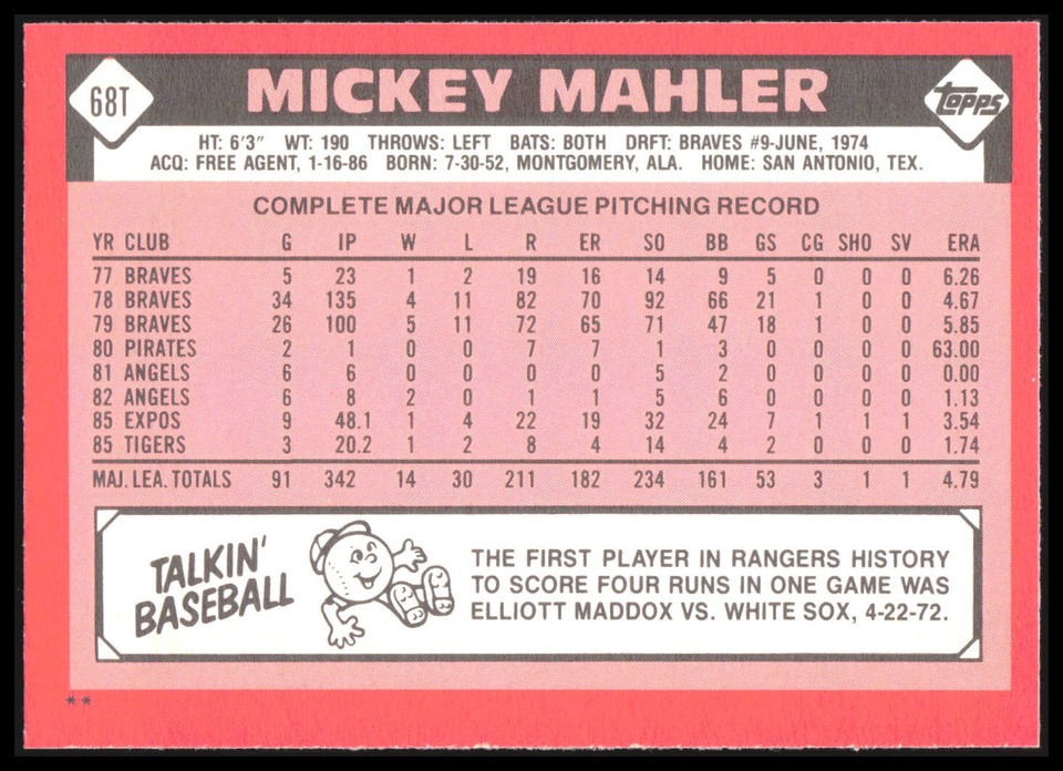 1986 Topps Traded Mickey Mahler #68T Texas Rangers 5K | eBay