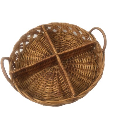 Round Wicker Woven Sectioned Basket Serving Tray With Handles 13 in | eBay