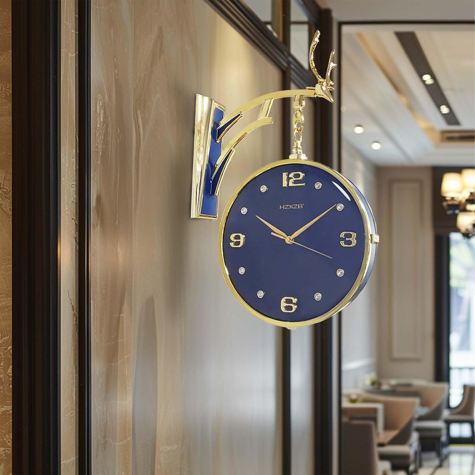 Elegant Deer Head Double-Sided 2 Faces Retro Station Round Wall Clock ...