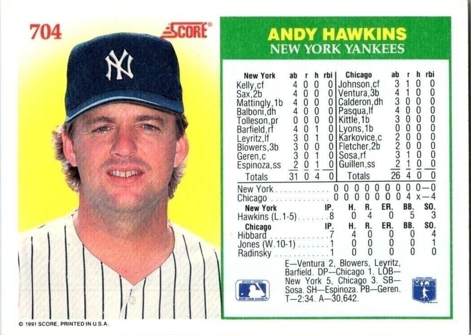 Andy Hawkins New Yorks Yankees 704 Score No-Hit Club 1991 Baseball Card ...