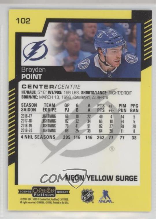 2020-21 O-Pee-Chee Platinum - Neon Yellow Surge #102 Brayden Point for ...