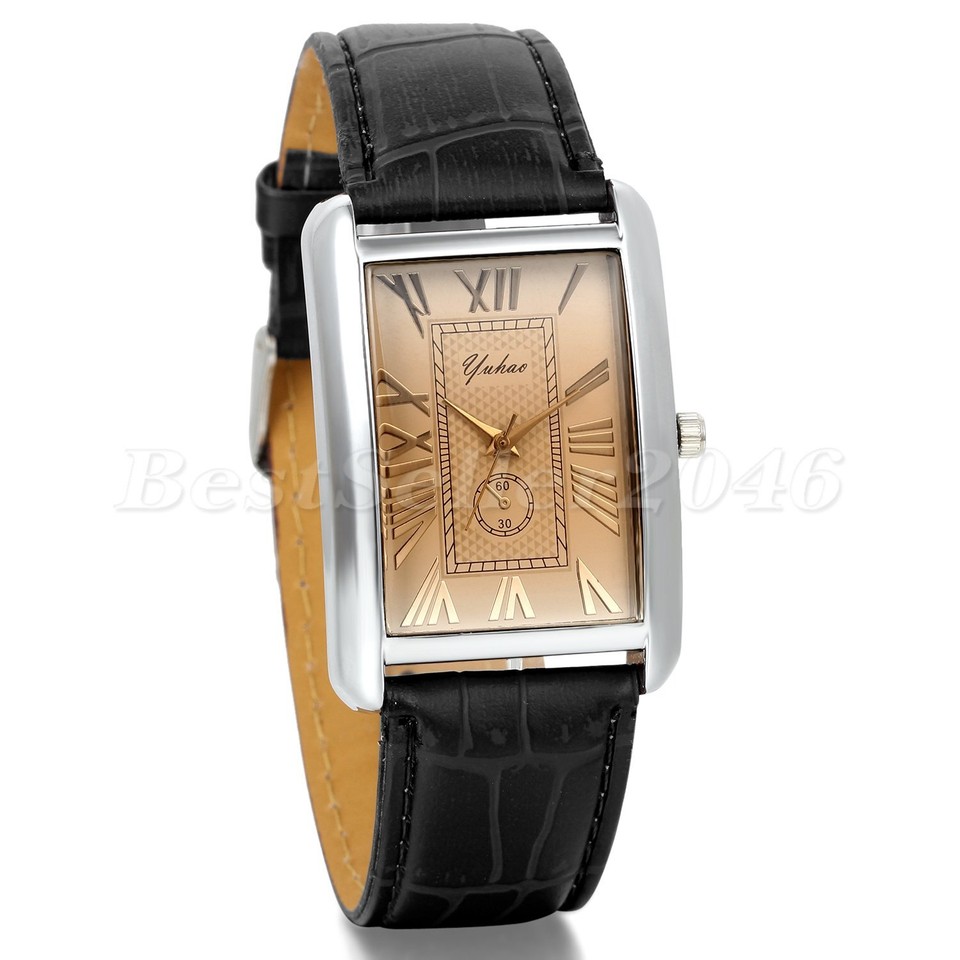 Mens Womens Square Dial Roman Numerals Leather Band Sport Quartz Wrist ...