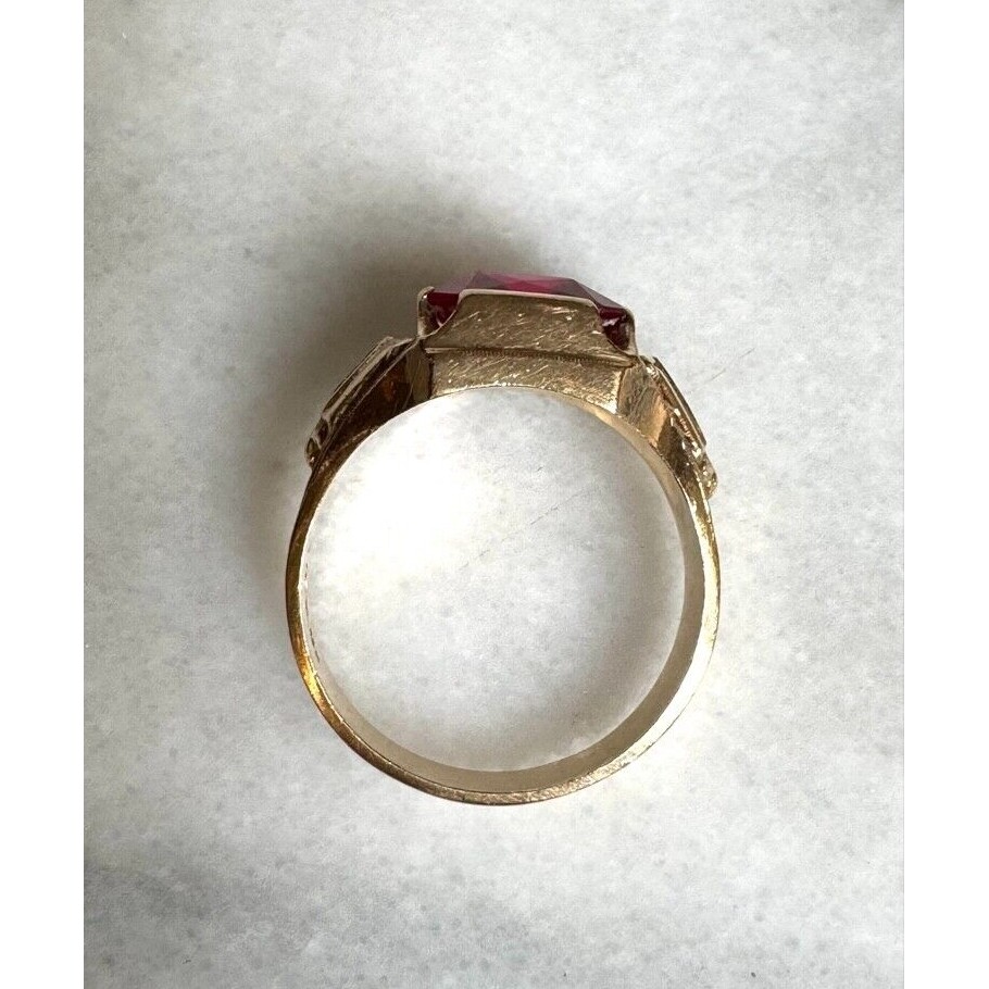 MENS ART DECO YELLOW GOLD AND LAB-CREATED RUBY SIGNET RING SIZE 10.25 ...