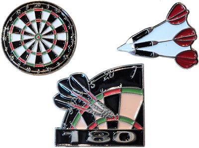Set of 3 Darts Badges Inc 180 & Dart Board Metal Enamel Pin Badge Set ...