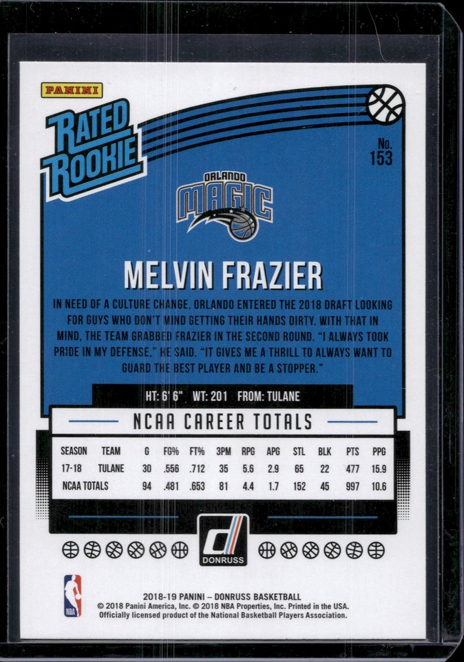 2019-20 DONRUSS NBA MELVIN FRAZIER - Panini RATED ROOKIE Orlando Magic ...