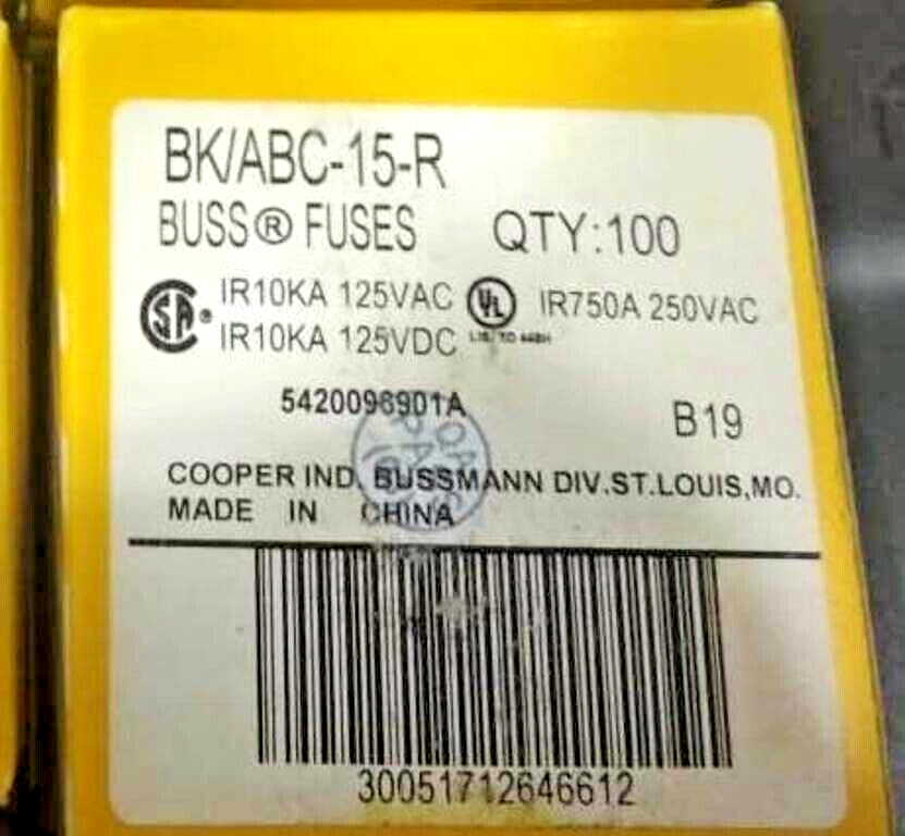 100PCS LOTS OF BK/ABC-15-R Bussmann Eaton Cartridge Fuses 15A-Brand New | eBay
