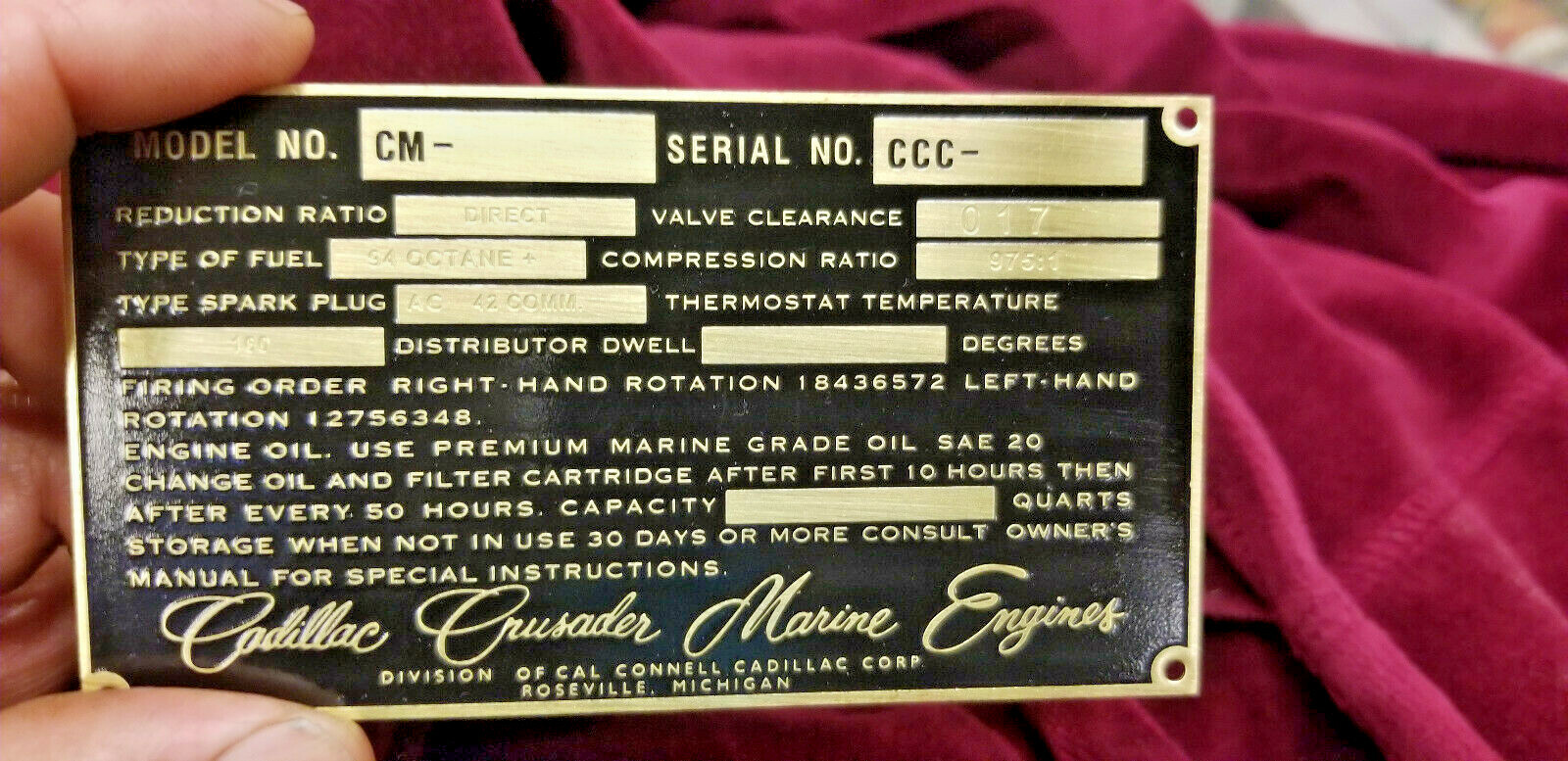 Cadillac Crusader Marine Engine Data Plate Etched Brass - black ...