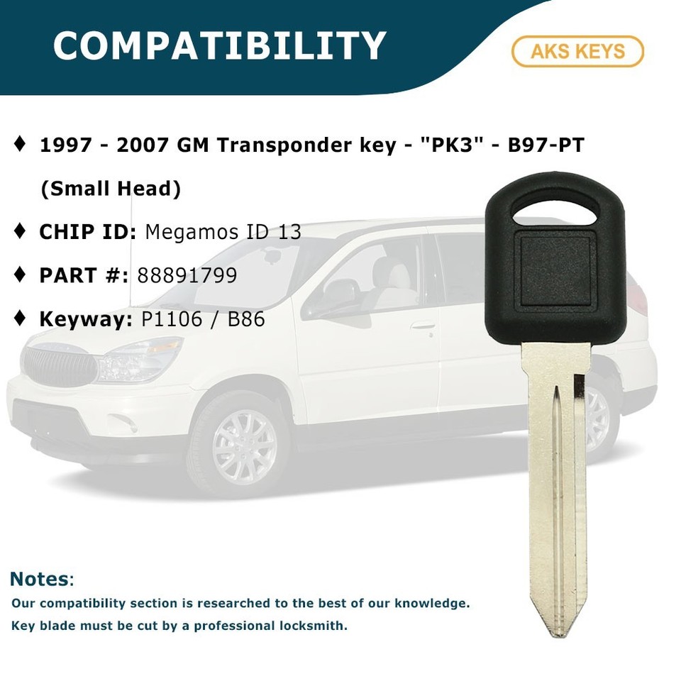Uncut Blank Transponder key Replacement for GM PK3 Chip B97 Small Head ...