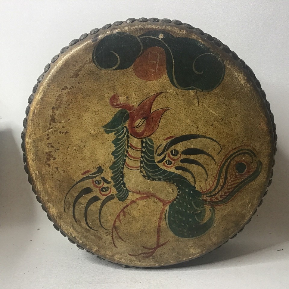 VTG Double-Sided Chinese DRUM Dragon Phoenix Art Rawhide Asia Music ...