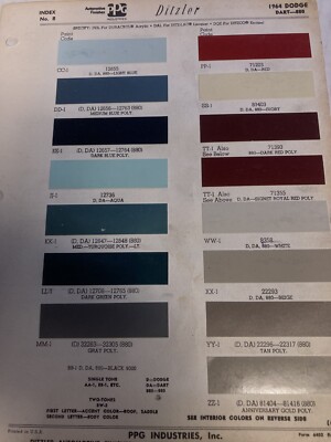1964 DODGE AUTOMOTIVE P.P.G., DITZLER Exterior Paint Color Chip ...