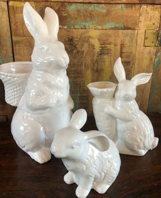 New Pottery Barn Garden Bunny Ceramic Large Medium And Small Easter Set ...
