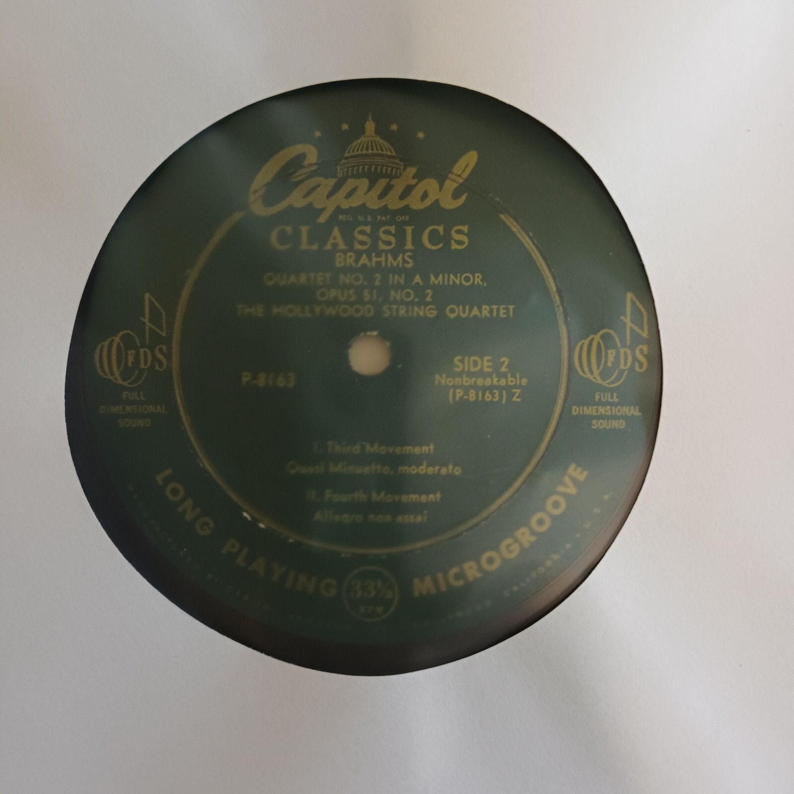 CAPITOL P 8163 GREEN BRAHMS QTET NO 2 OP 51 #2 *HOLLYWOOD STRING ...