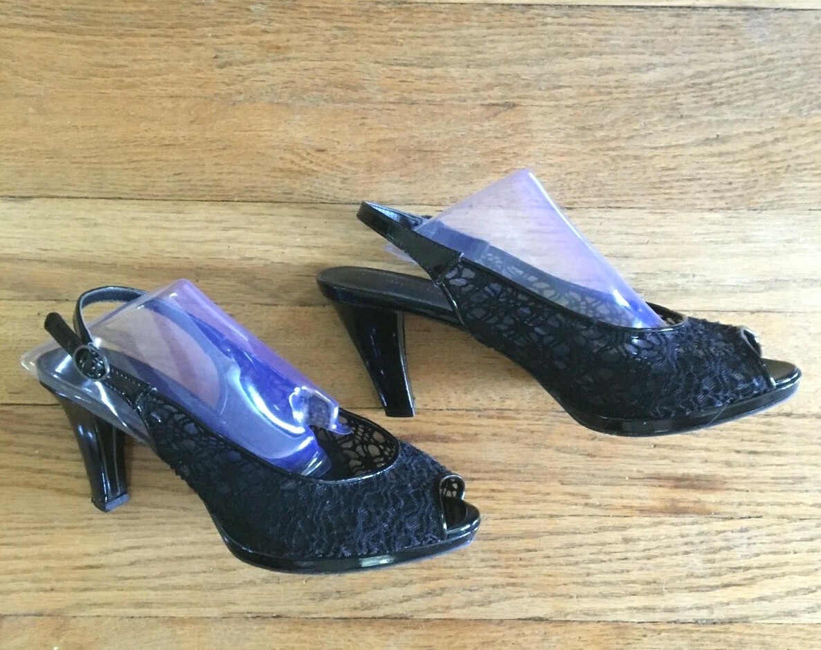 DRESSBARN SHOES BLACK PEEP TOE LACE/MESH MATERIAL SIDES & PATTEN ...