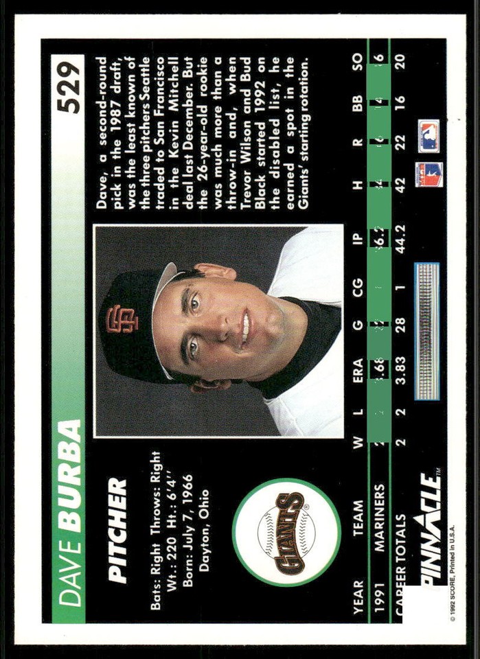 1992 Pinnacle #529 Dave Burba | eBay