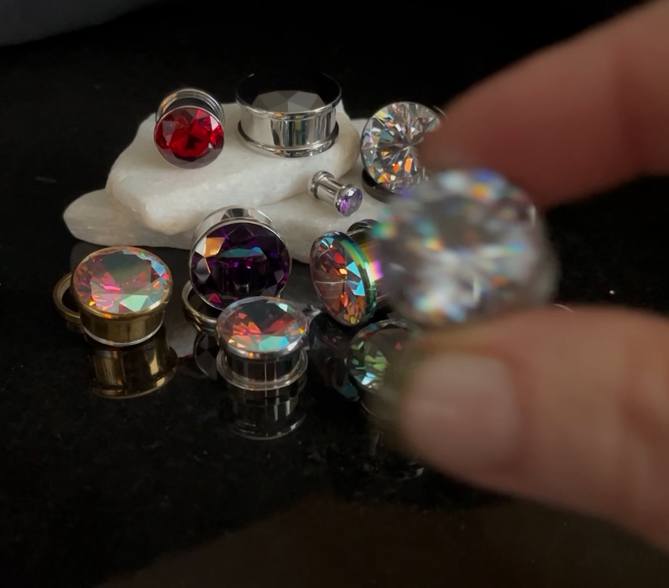 PAIR Large Gem Screw Fit Tunnels Ear Plugs Gauges Pierced Piercing Body ...