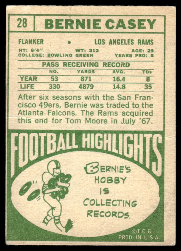1968 Topps Bernie Casey #28 Los Angeles Rams Football Card | eBay