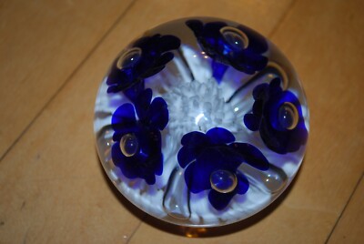 Art Glass Paperweight JOE RICE Signed Controlled Bubble(s) Blue Trumpet ...