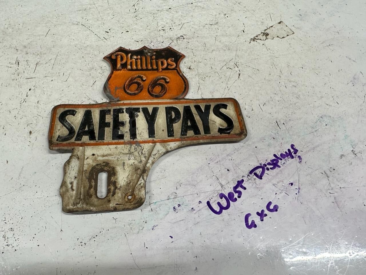 Vintage 1950’s PHILLIPS 66 SAFETY PAYS Old LICENSE PLATE TOPPER Sign ...