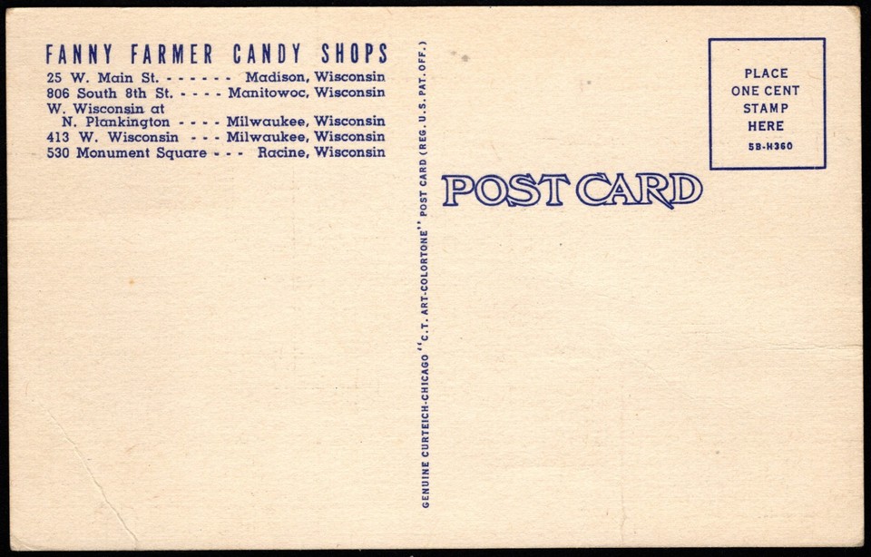 Postcard Fanny Farmer Candy Shops, Madison,Manitowoc,Racine,Milwaukee ...