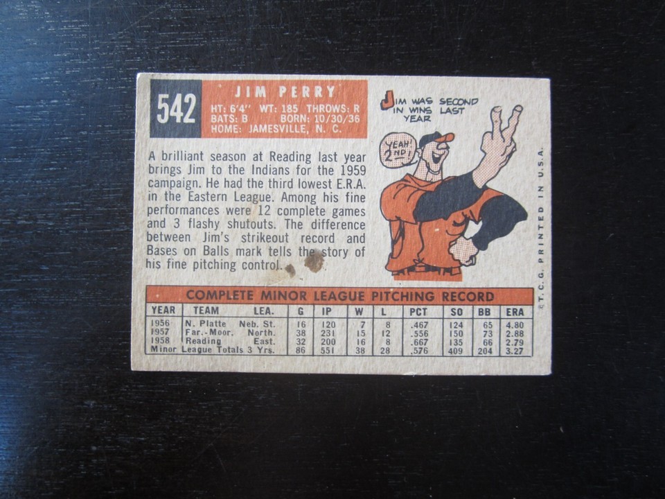 1959 Topps # 542 Jim Perry Autograph Signed Auto Card (M2) Cleveland | eBay