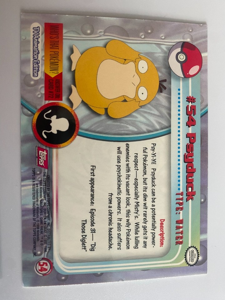 Psyduck #54 Topps Pokémon Vintage Trading Card 1999 TV Animation Series ...