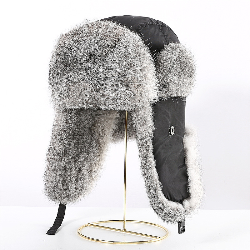 Unisex Winter Natural Rabbit Fur Hats Russian Earflaps Trapper Cap Warm ...
