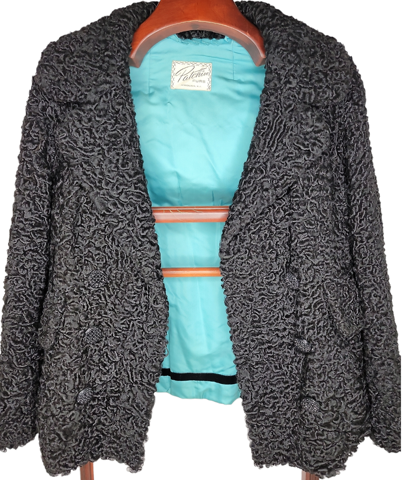 Black Vintage Beautiful Persian Karakul Lamb Fur Coat Turquoise Lining ...
