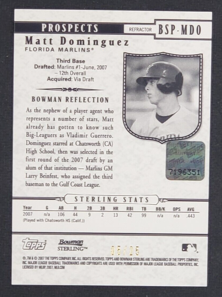 2007 Bowman Sterling Prospects Refractor /25 Matt Dominguez #BSP-MDO ...