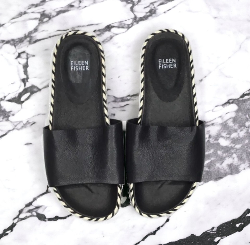 NIB Eileen Fisher Pear Slides 7 M Sandals Black White Trim Leather 1 ...