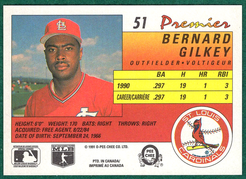 Bernard Gilkey - 1991 O-Pee-Chee Premier #51 - St. Louis Cardinals ...