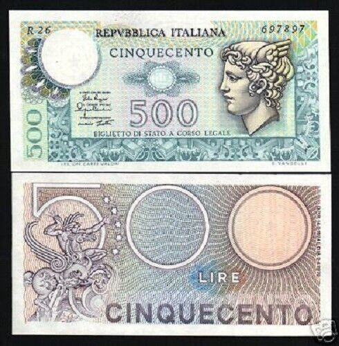 Italy 500 LIRE P-94 1974 "MERCURY" Pre Euro UNC Italian World Currency ...