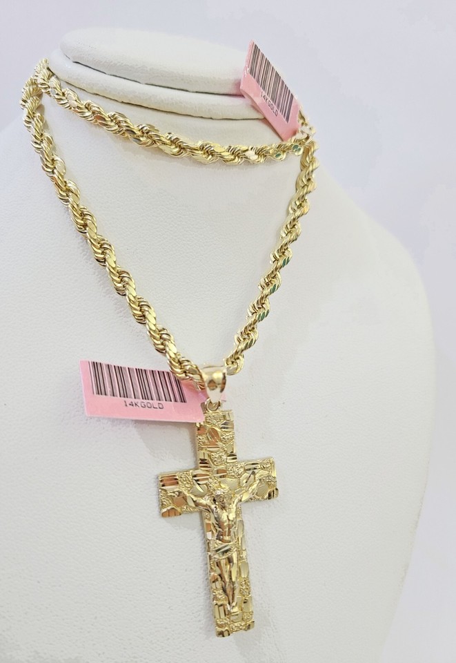 14k Yellow Gold Rope Chain Cross Pendant Charm SET 4mm 22 Inch Necklace ...