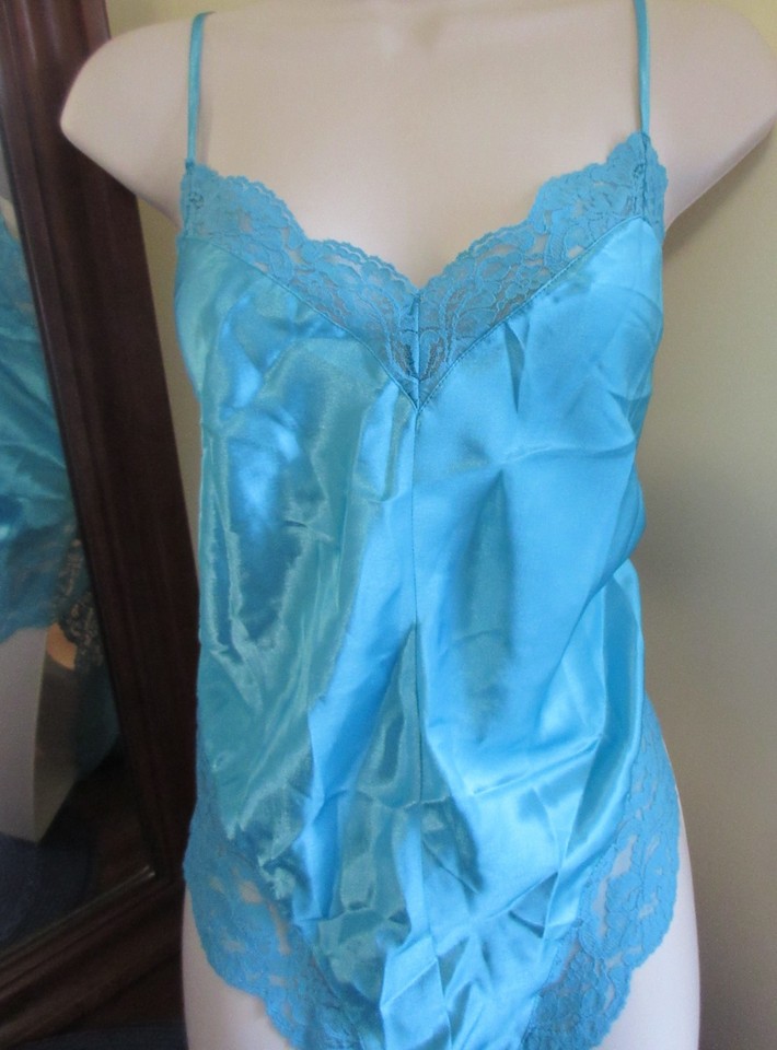 vtg DELICATES TEAL BRIDAL HONEYMOON body suit HI LEG TEDDY Satin & Lace ...