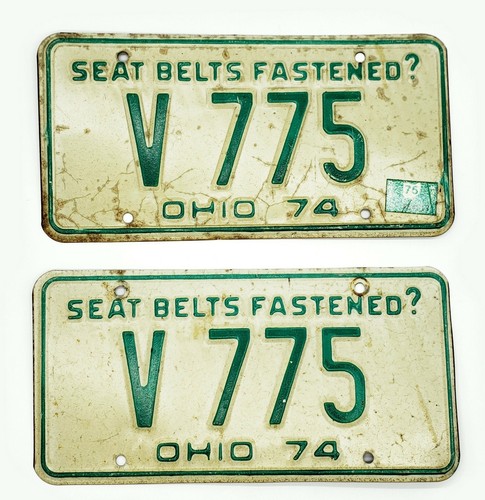 1974 Ohio License Plate V-775 Pair White Aw/ Green Car Tag Barn Garage ...