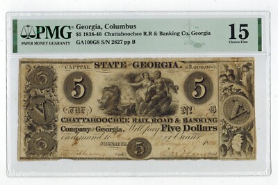 1840 Columbus Georgia CHATTAHOOCHEE RAILROAD & BANKING COMP $5 Obsolete PMG15 | eBay