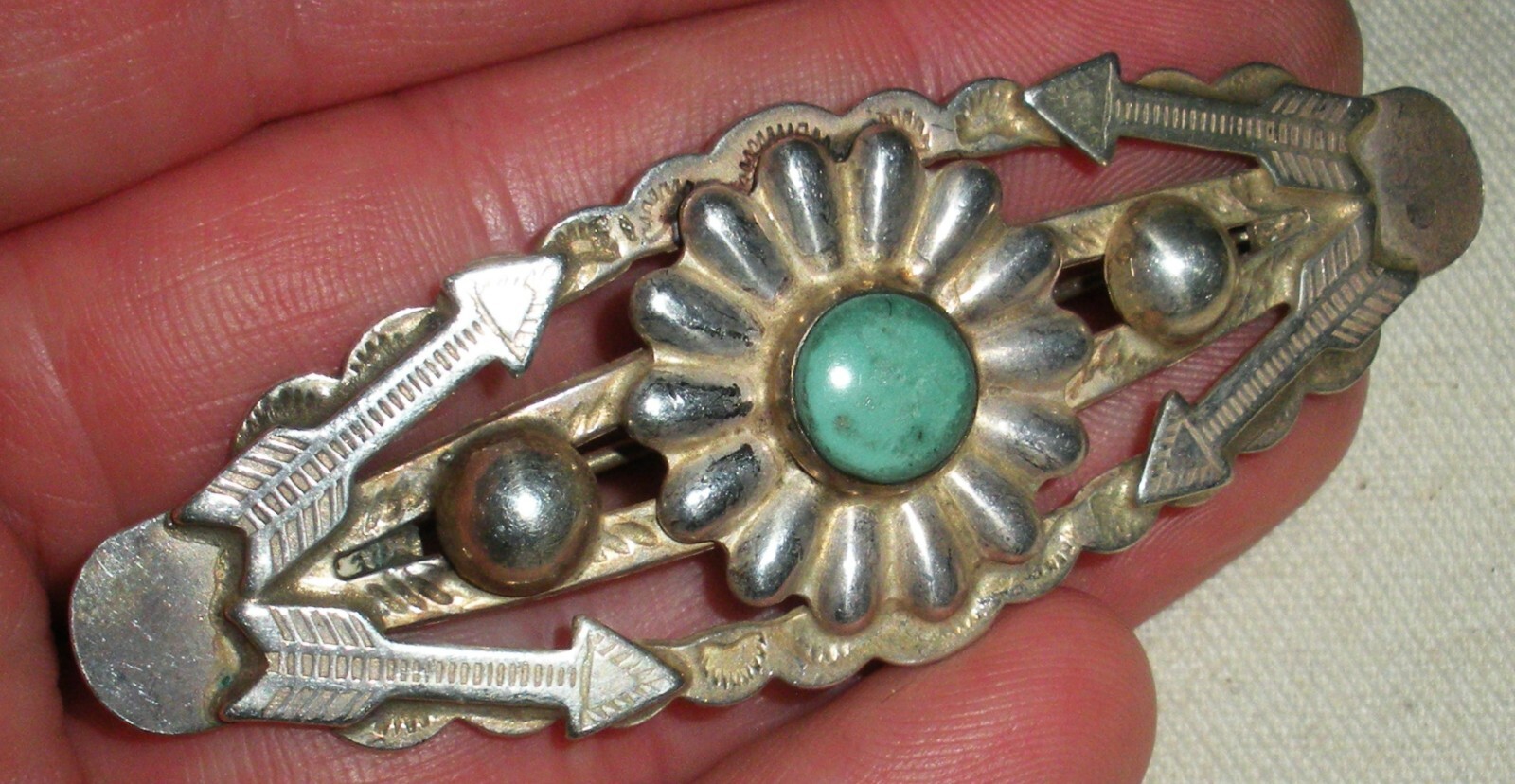 VINTAGE NAVAJO ARROW TURQUOISE COIN SILVER PIN GREAT … - Gem