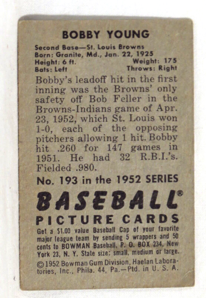 1952 Bowman #193 Bobby Young RC - VG+/EX St. Louis Browns | eBay