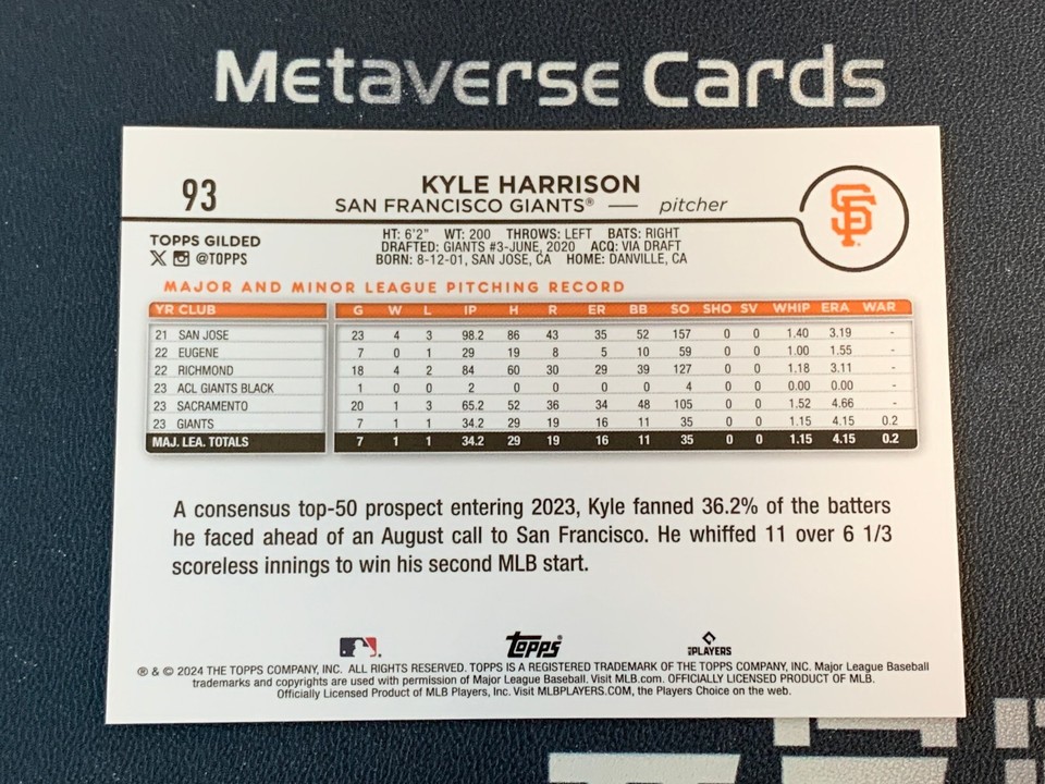 2024 Topps Chrome Gilded Kyle Harrison Rookie Gold Raywave Refractor ...