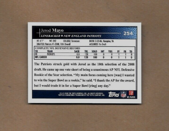 2009 Topps Football Jerod Mayo Card #254 Now Patriots Head Coach! NM/MT ...