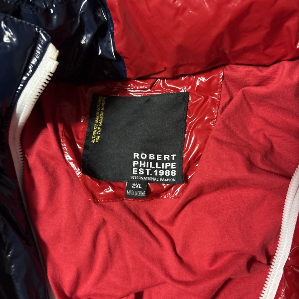 Robert Phillipe 2XL Hooded Puffer Coat Red White Blue Colorblock Jacket ...