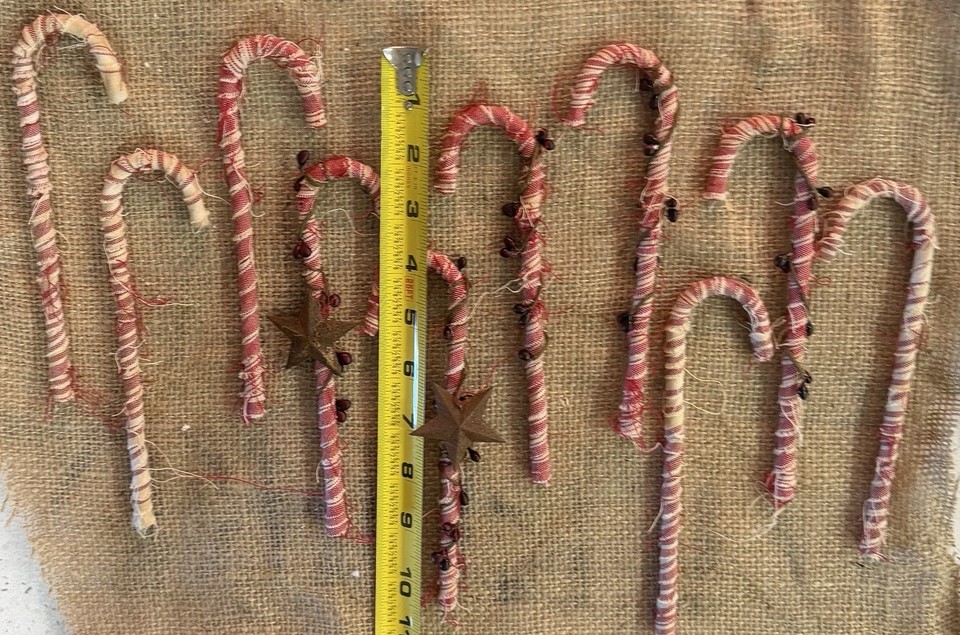 10 Primitive Rag Fabric Wrapped Candy Canes Christmas Ornaments Red ...