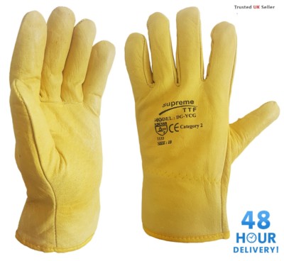 Driver Yellow Work Gloves Fleece Cotton Soft Grain Leather Lorry ...